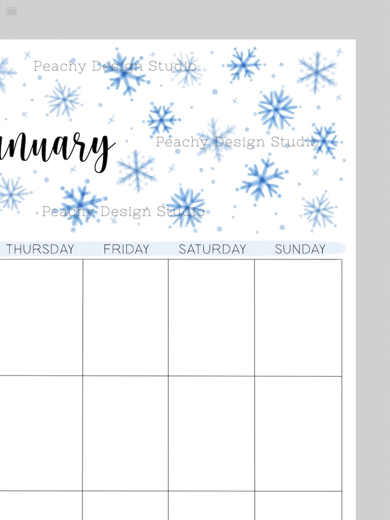 January Calendar Printable: Snowflake Design, Undated Monthly View (PDF ...