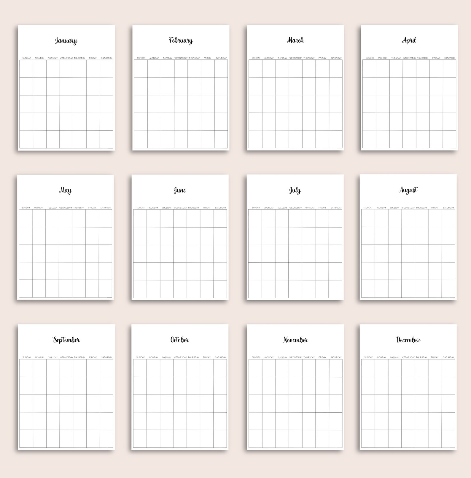 12 Blank Monthly Calendars Sunday Start, INSTANT DOWNLOAD, Year of Calendars Minimalist Planner ...