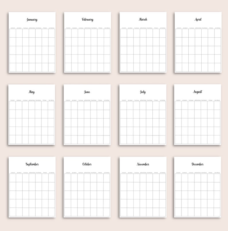 Blank Monthly Calendar Printable: Sunday Start, Minimalist Planner (PDF ...