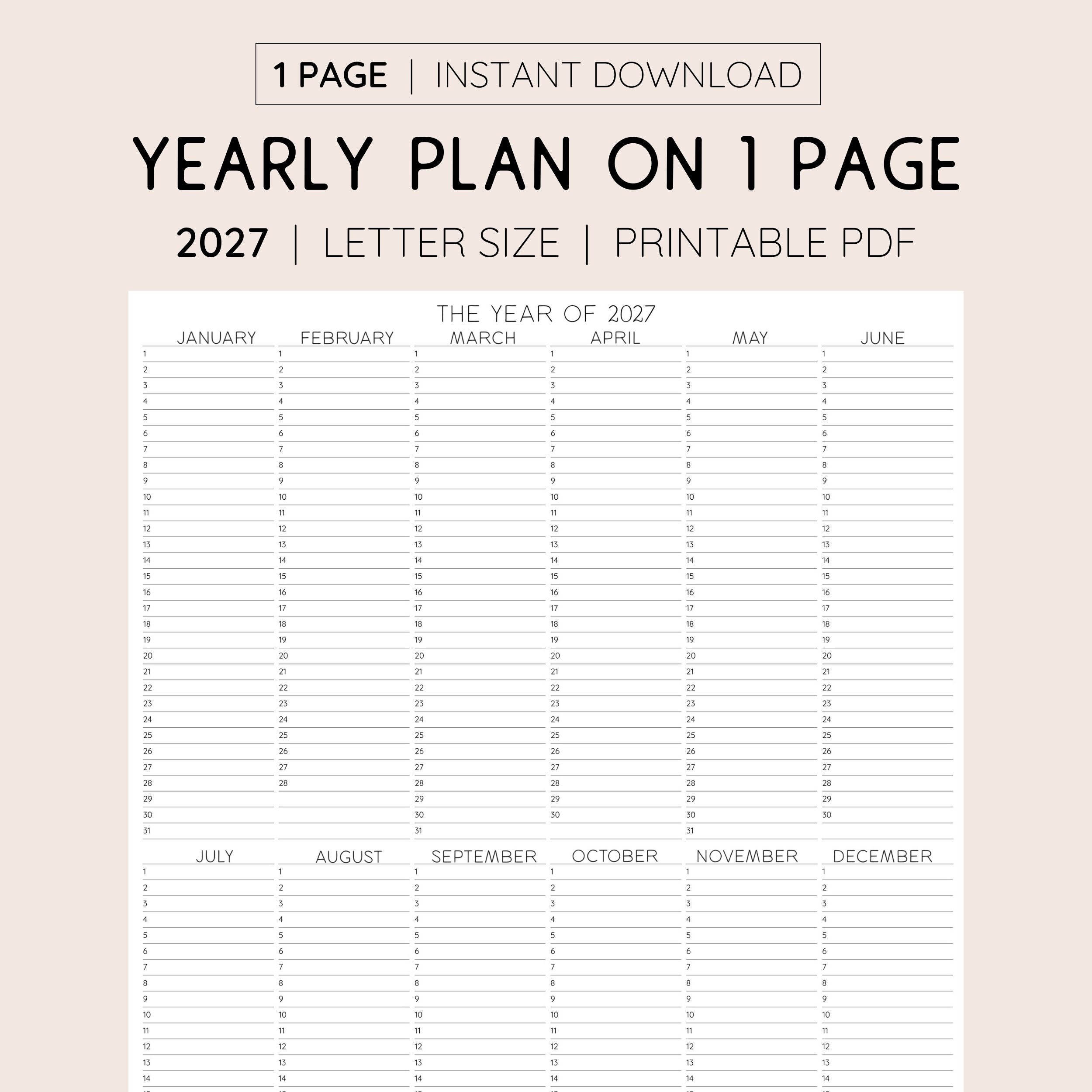 2027 Year at A Glance, INSTANT DOWNLOAD, Yearly Overview, Printable ...