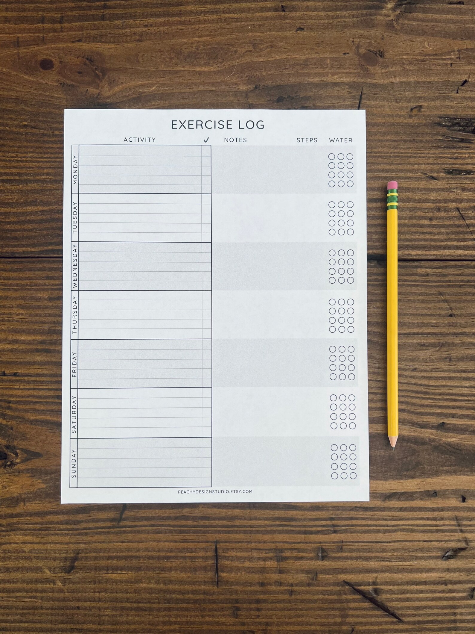 Weekly Exercise Log Printable, INSTANT DOWNLOAD, Weekly Daily Activity ...