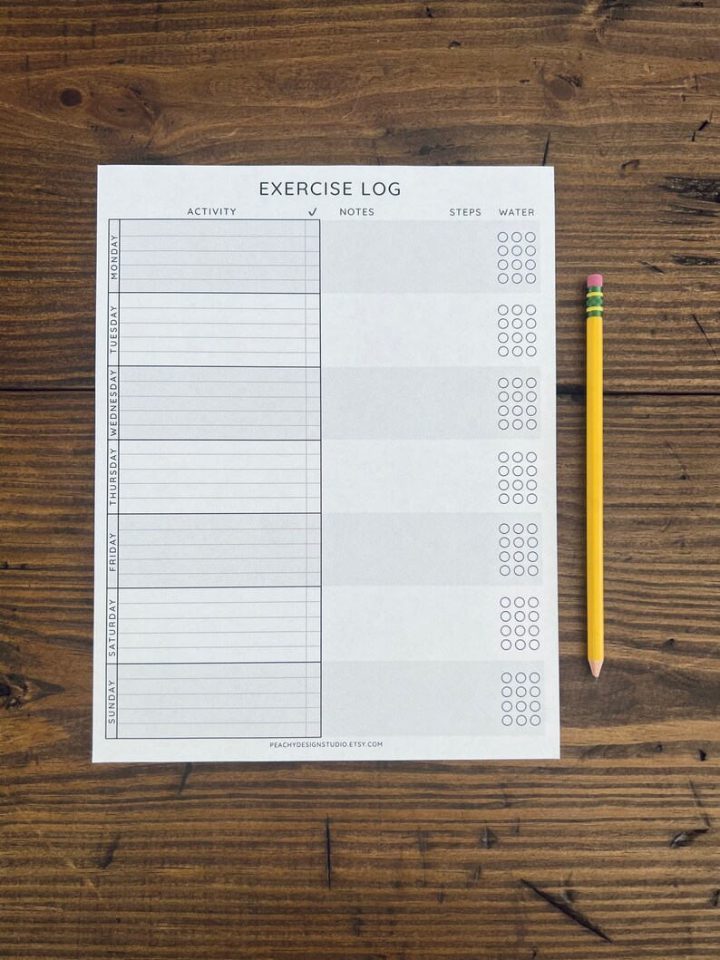 Weekly Exercise Log Printable, INSTANT DOWNLOAD, Weekly Daily Activity ...