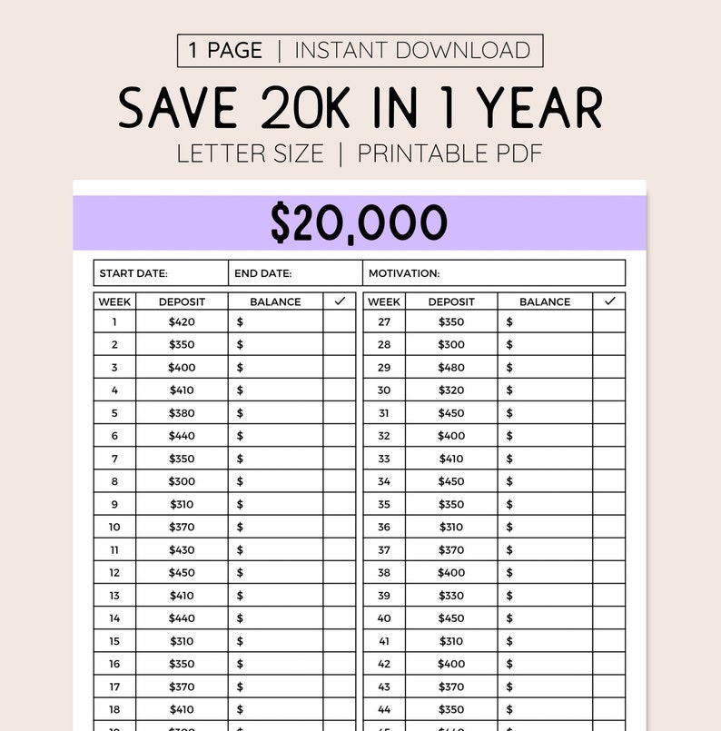 20K Savings Goal Tracker Printable Money Saving Log 1 Year - Etsy