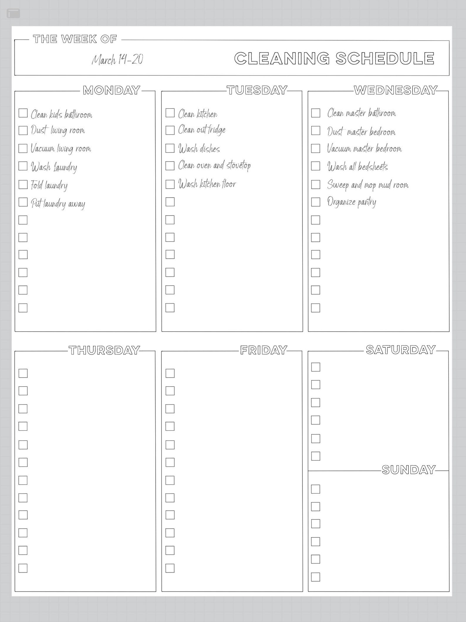 Printable Cleaning Chart, Weekly Chore Checklist, Adult Chore Chart ...