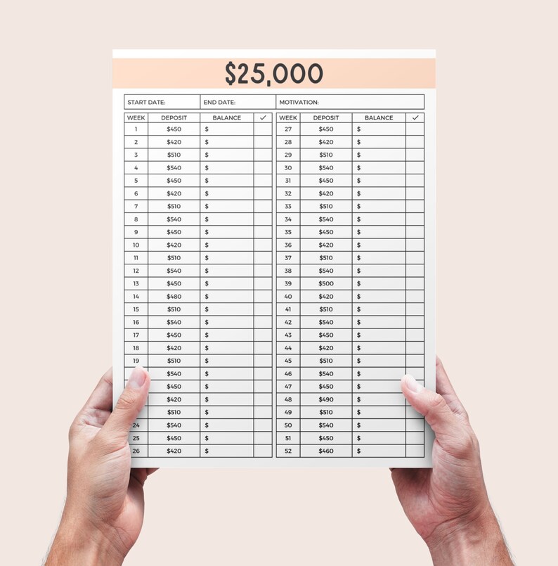 25K Savings Goal Tracker Printable Money Saving Log, 1 Year Savings ...