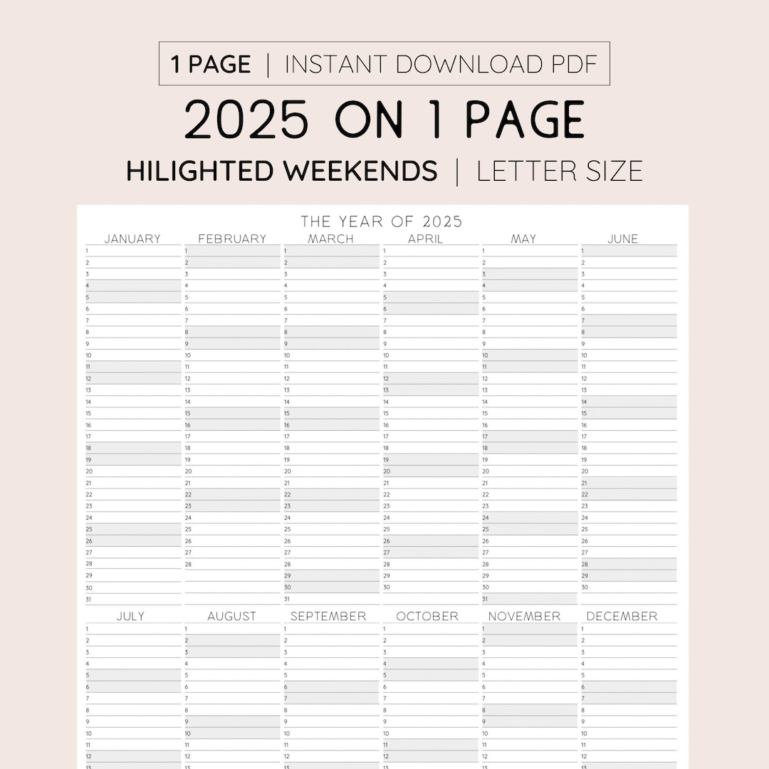 2025 Year at A Glance Planner With Highlighted Weekends, INSTANT ...