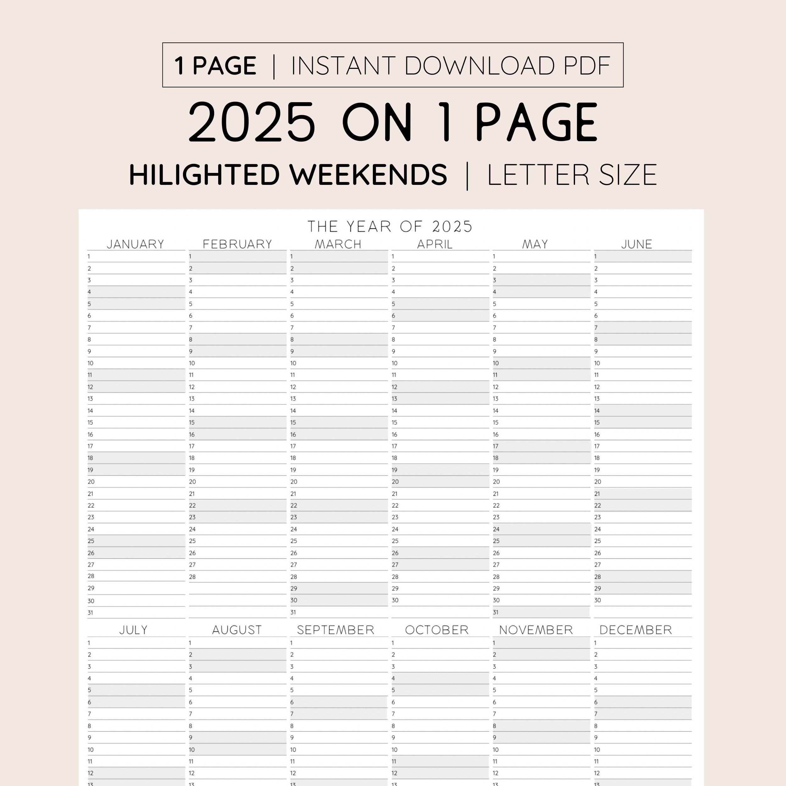 2025 Year at A Glance Planner With Highlighted Weekends, INSTANT ...