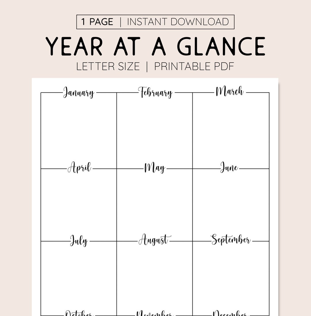 Any Year at A Glance, INSTANT DOWNLOAD, Printable Yearly Calendar ...