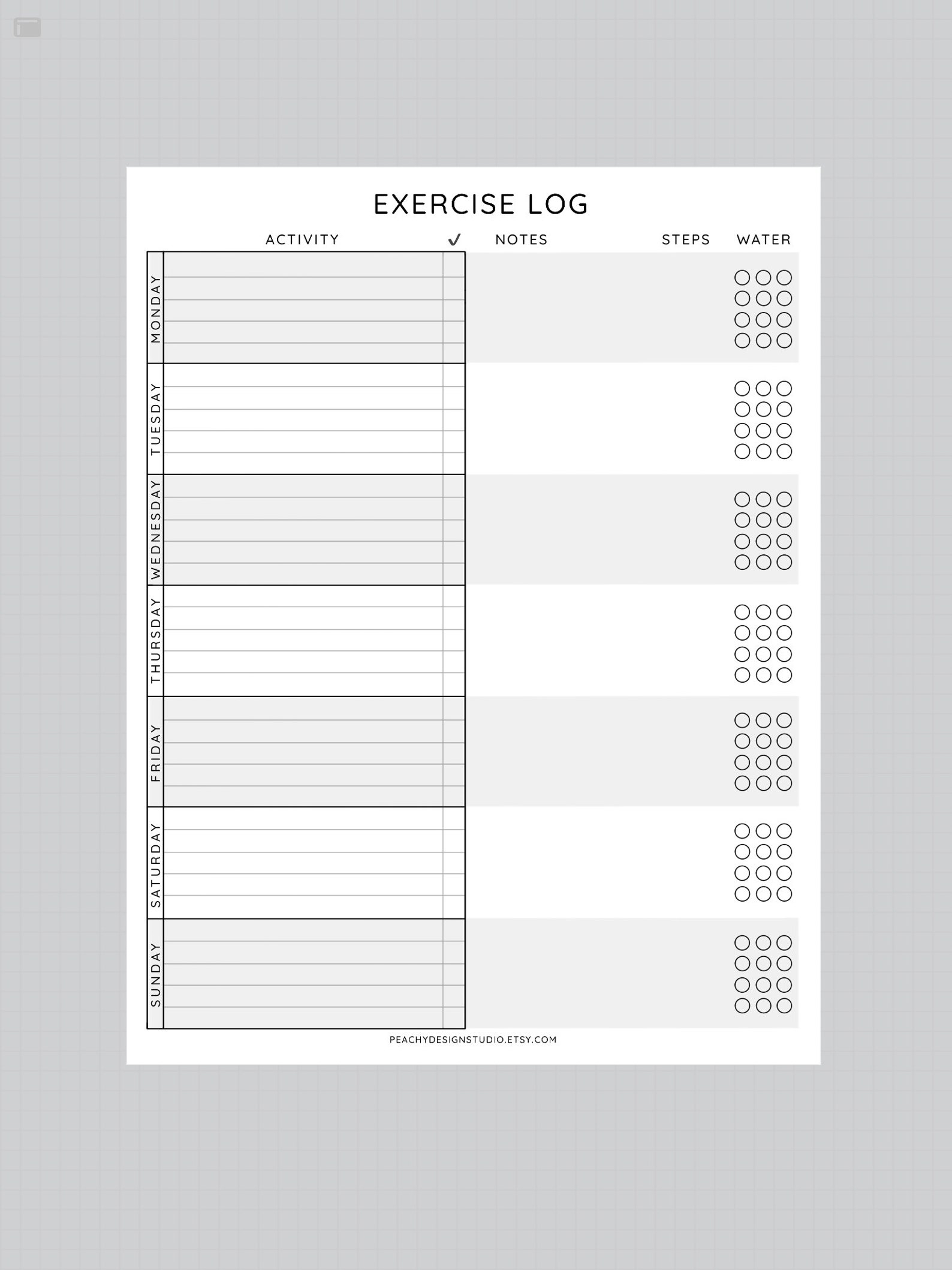 Weekly Exercise Log Printable, INSTANT DOWNLOAD, Weekly Daily Activity ...
