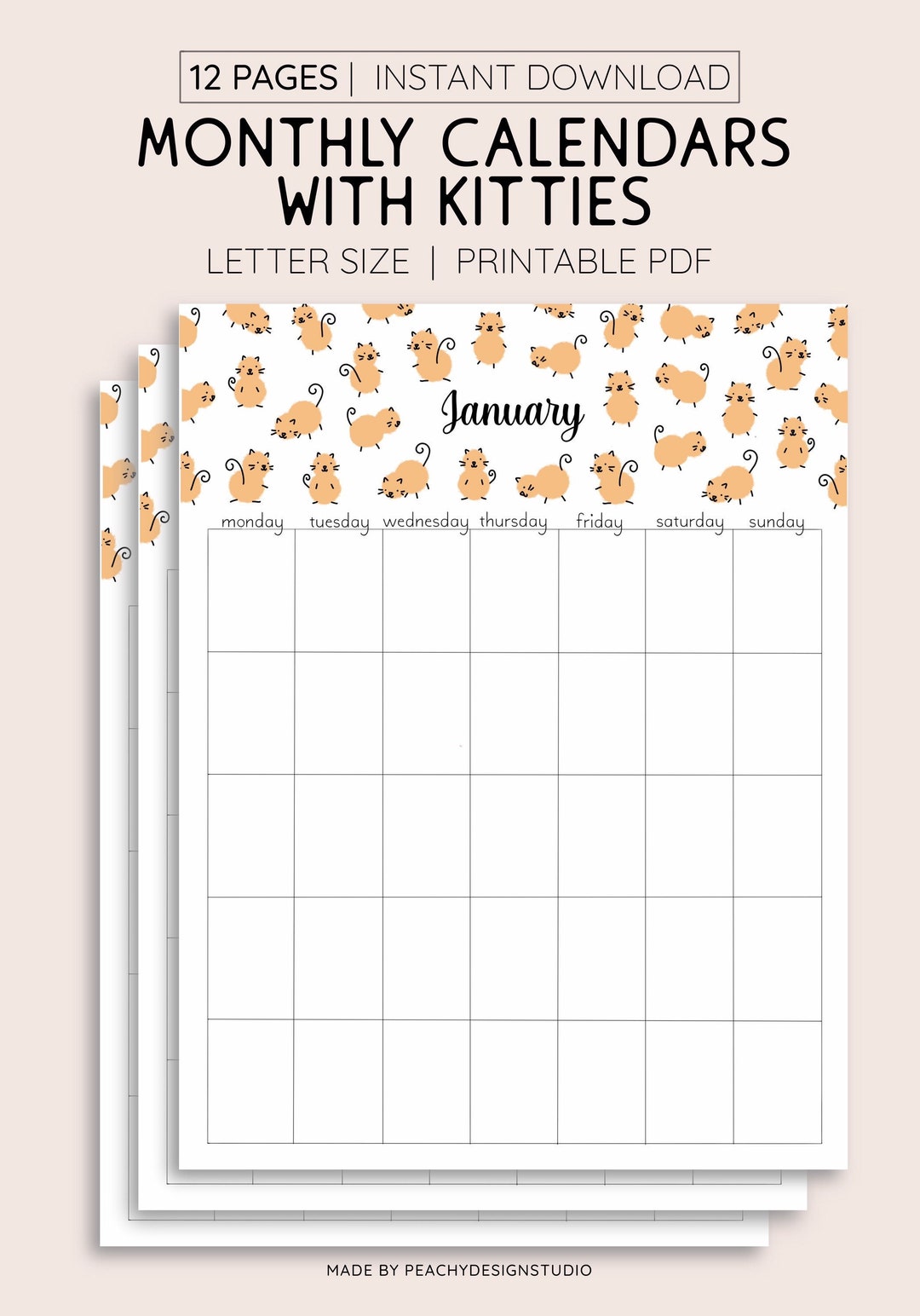 Monthly Calendars Any Year, INSTANT DOWNLOAD PDFS, Undated Printable ...