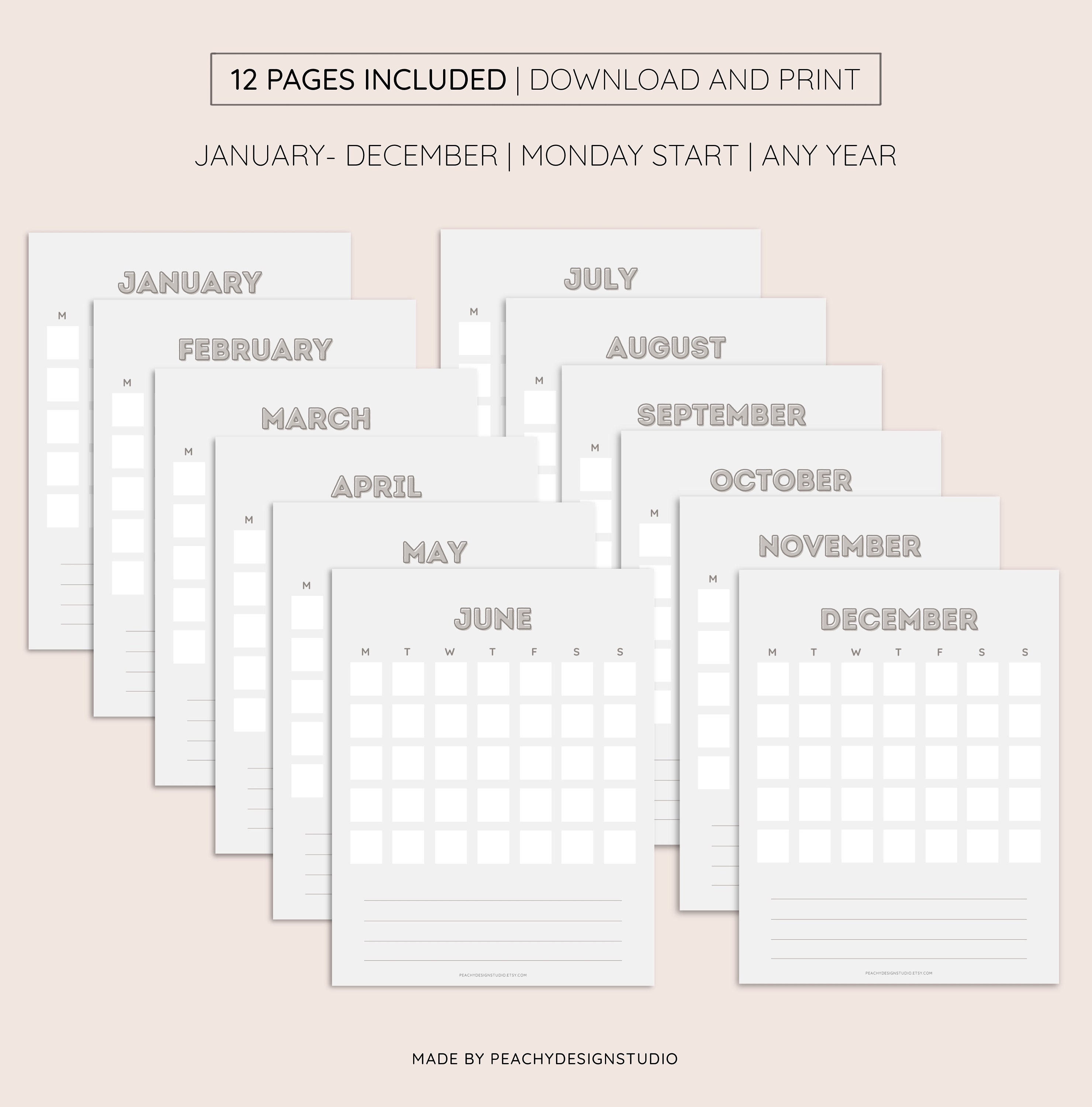 Minimalist Monthly Calendar Printable: 12 Month Planner (PDF) - Etsy
