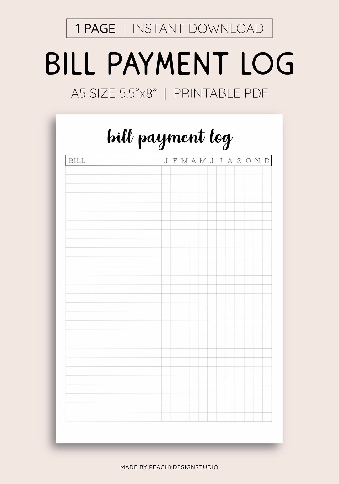 Yearly Bill Log, INSTANT DOWNLOAD, Printable Bill Tracker, Bill Payment ...