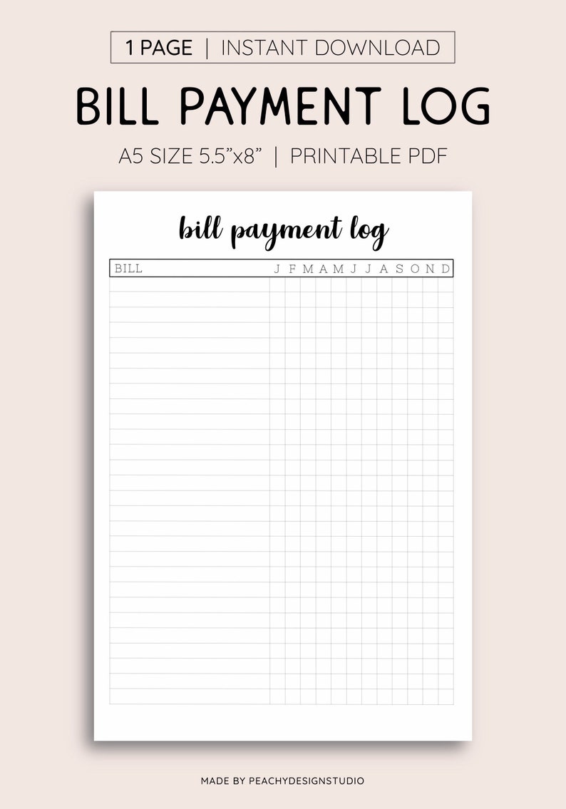 Yearly Bill Log, INSTANT DOWNLOAD, Printable Bill Tracker, Bill Payment ...