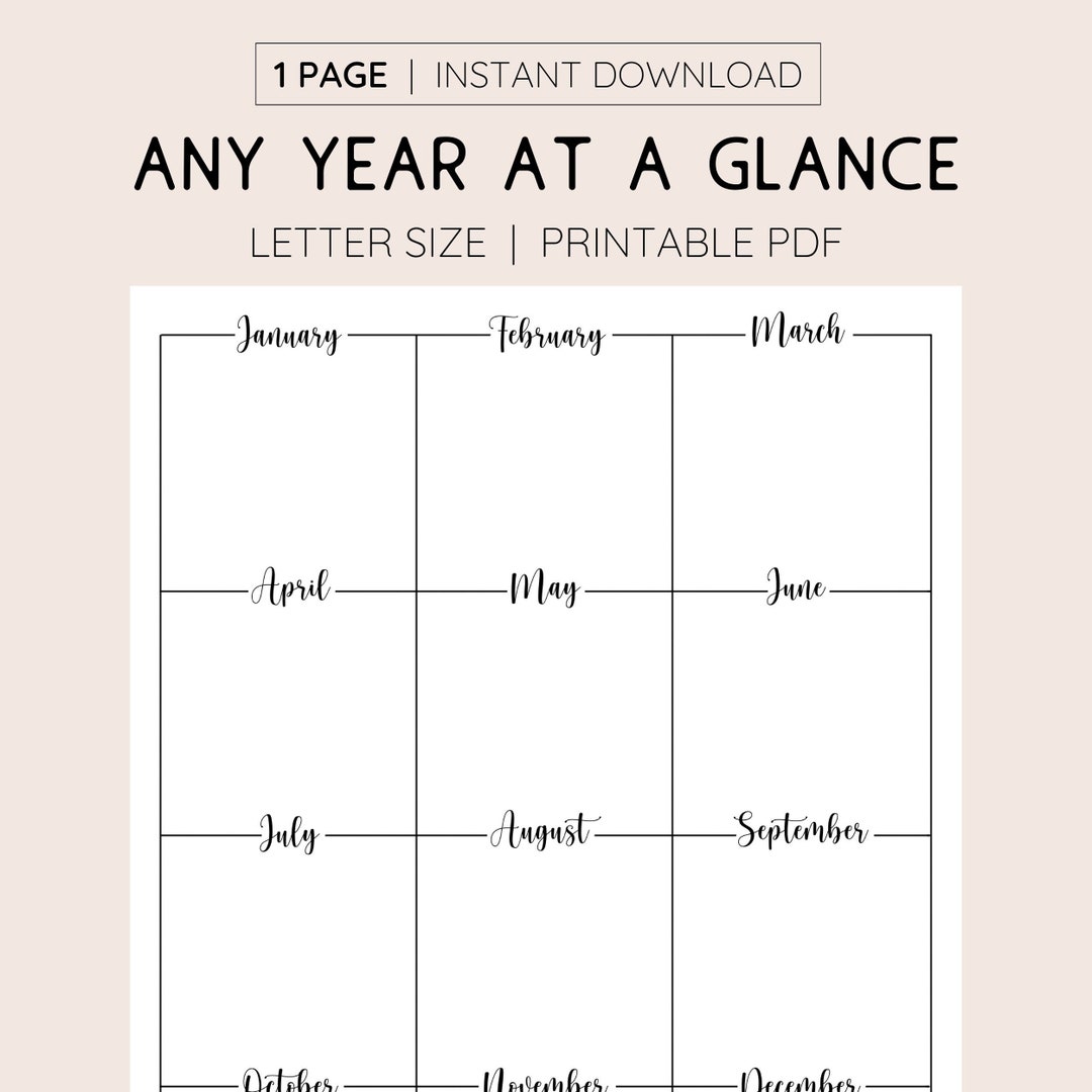 Any Year at A Glance, INSTANT DOWNLOAD, Printable Yearly Calendar ...