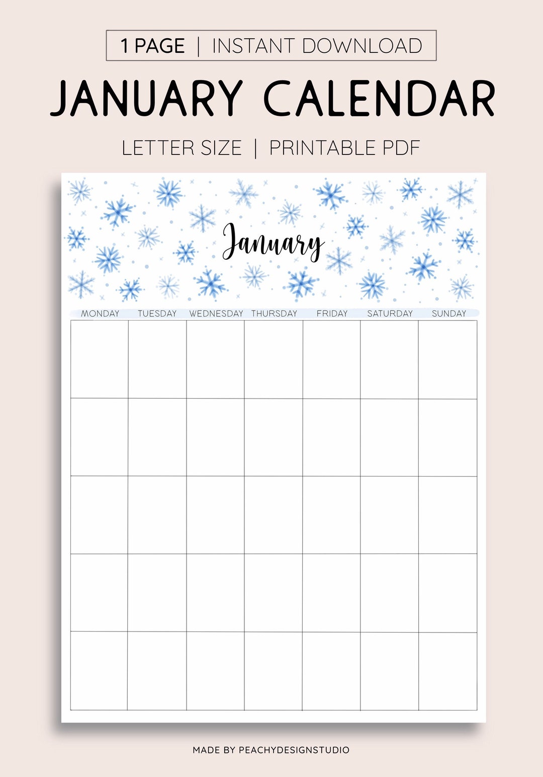 January Calendar Printable: Snowflake Design, Undated Monthly View (PDF ...