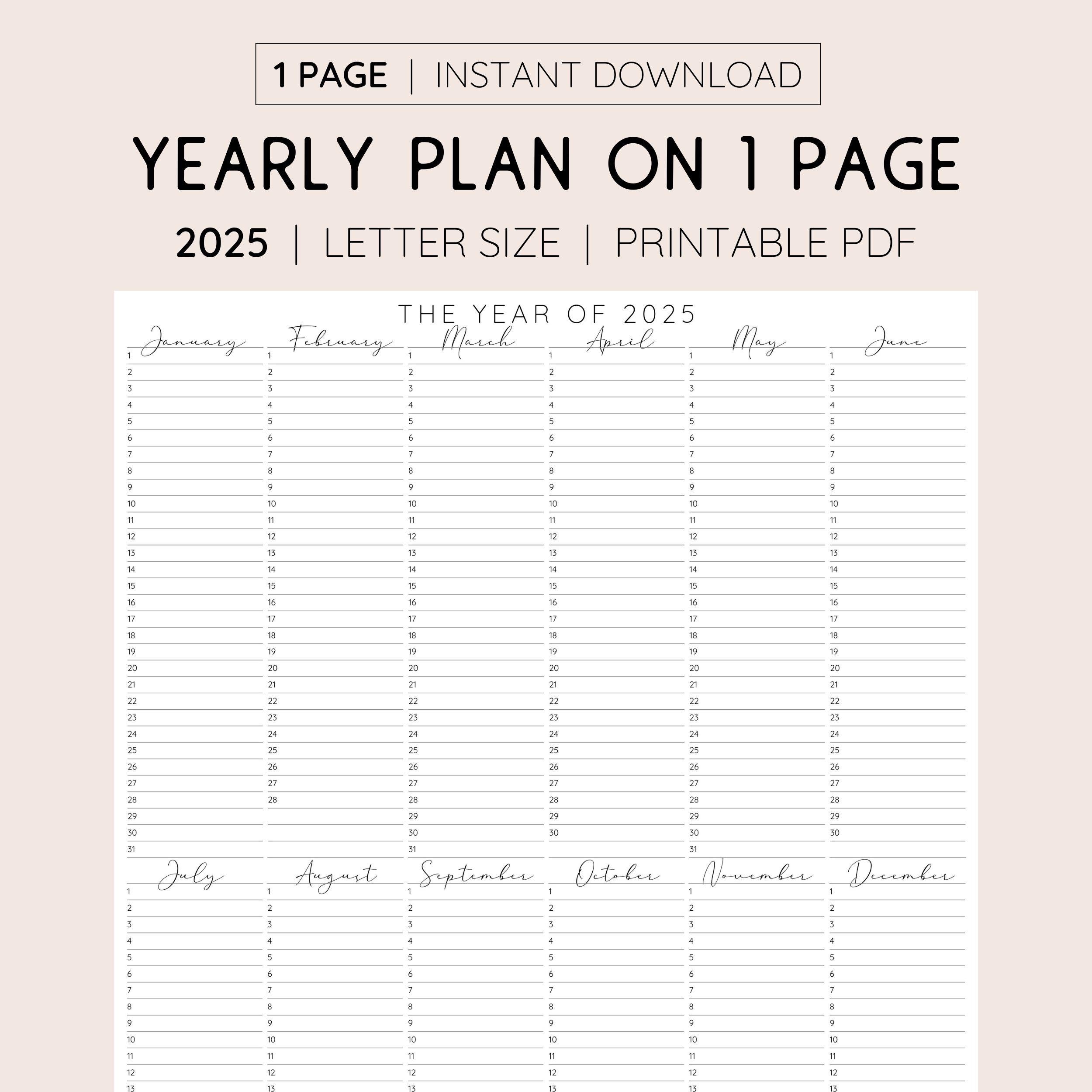 2025 Year at A Glance, INSTANT DOWNLOAD, Yearly Overview, Printable ...