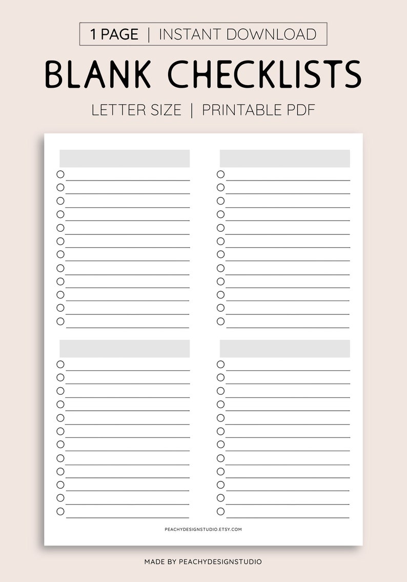 Blank Checklist Printable: Task Organizer (PDF) - Etsy