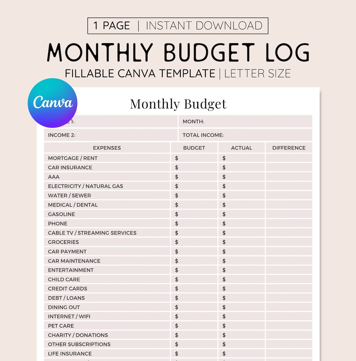 Editable Fillable Canva Template Monthly Budget Tracker Log Printable ...