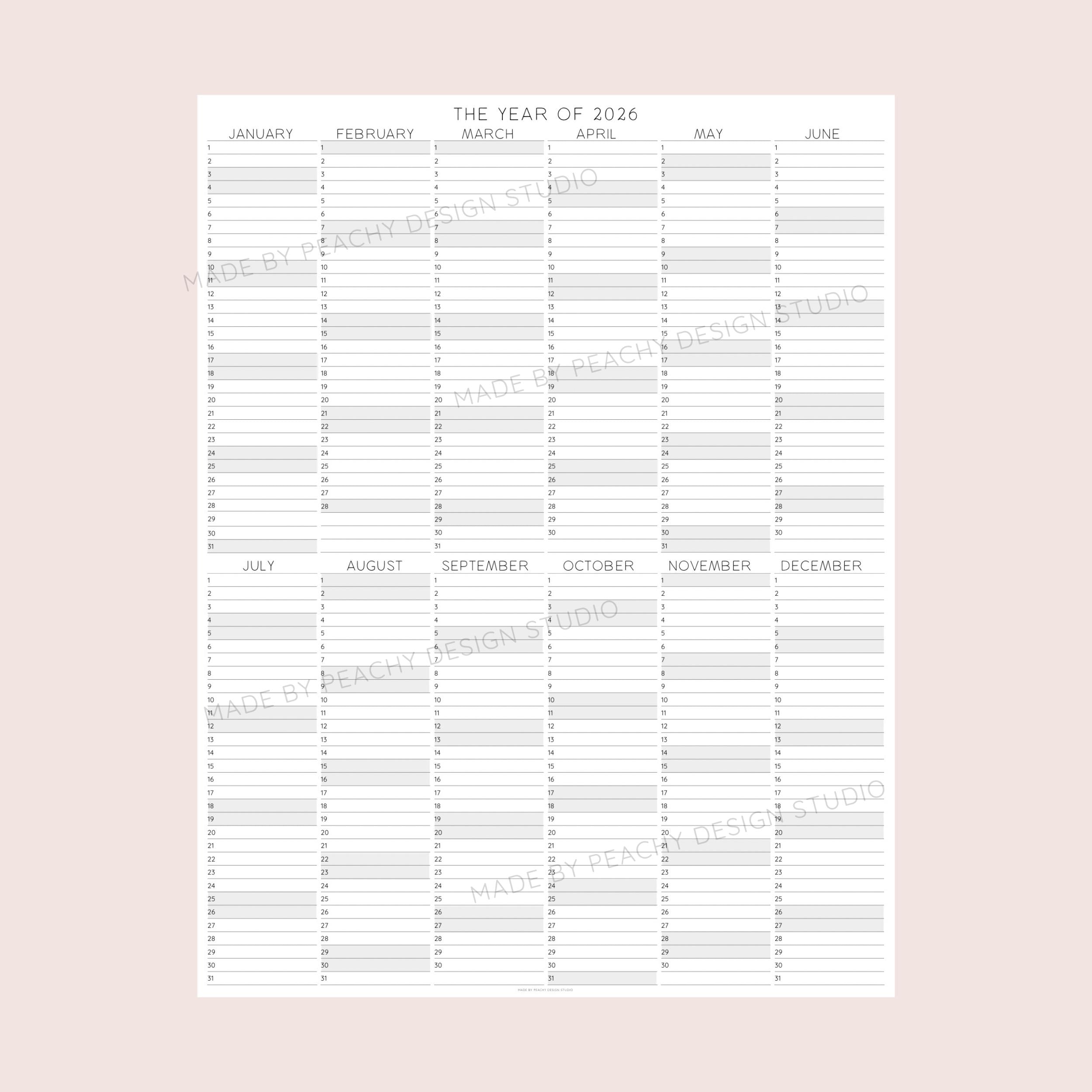 2026 Year at A Glance Planner With Highlighted Weekends, INSTANT ...
