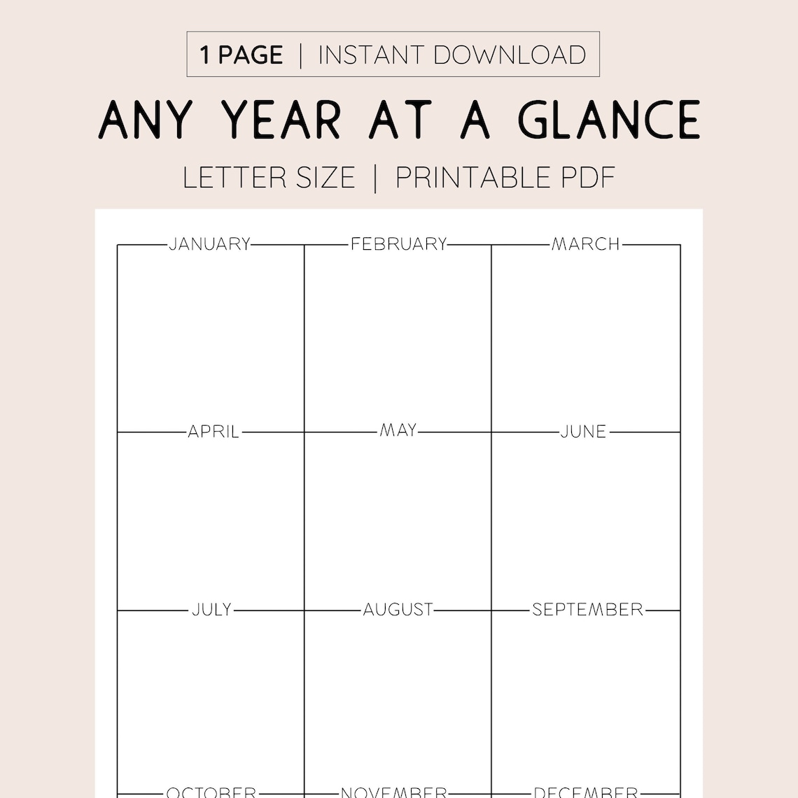 Any Year at A Glance, INSTANT DOWNLOAD, Printable Yearly Calendar ...
