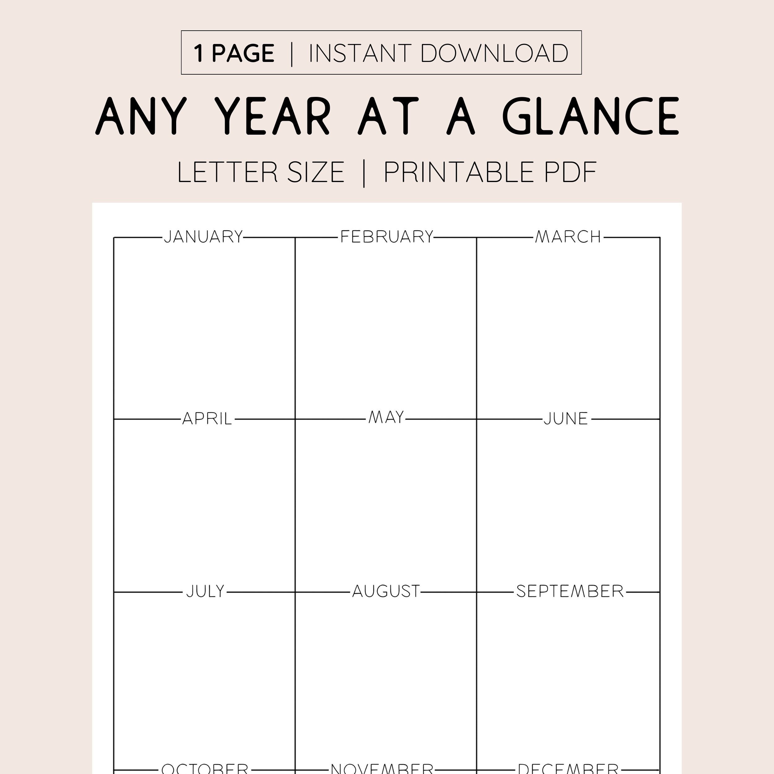 Any Year at A Glance, INSTANT DOWNLOAD, Printable Yearly Calendar ...