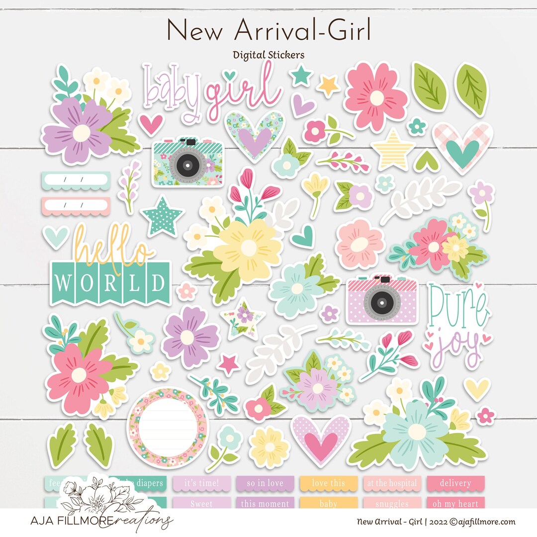 New Arrival Baby Digital Scrapbooking Stickers, Baby Girl Scrapbooking ...