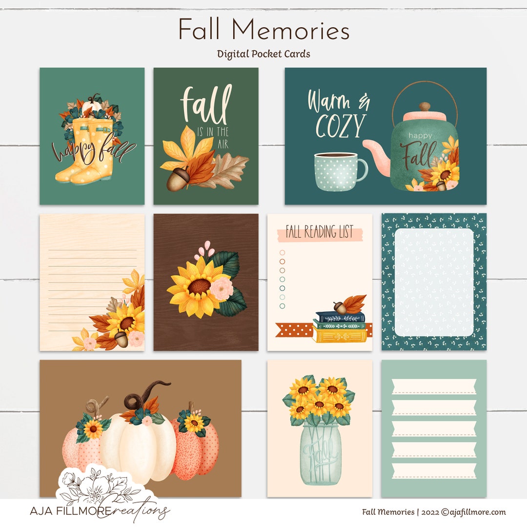 Fall Digital Scrapbooking Pocket Cards, Fall Pocket Cards, Autumn ...