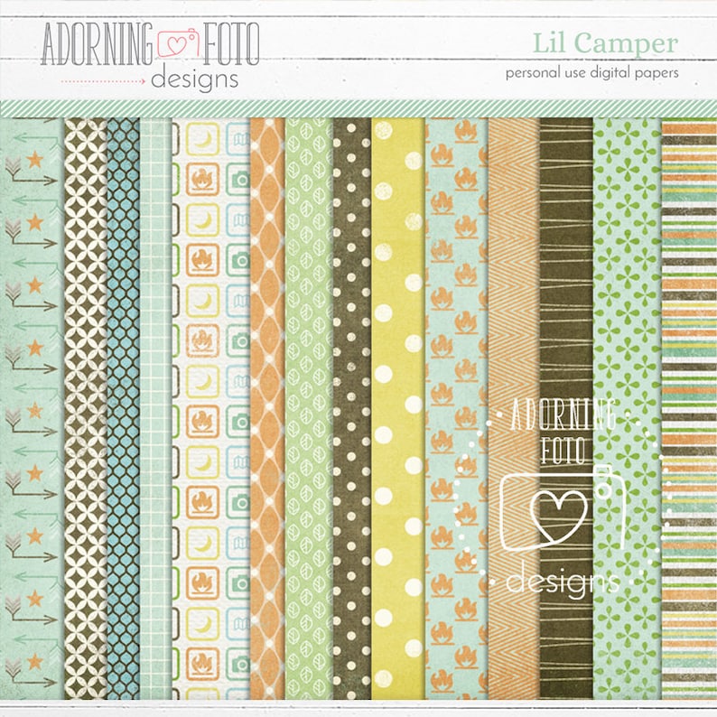 Lil' Camper Digital Scrapbooking Patterned Papers, Camping Digital ...