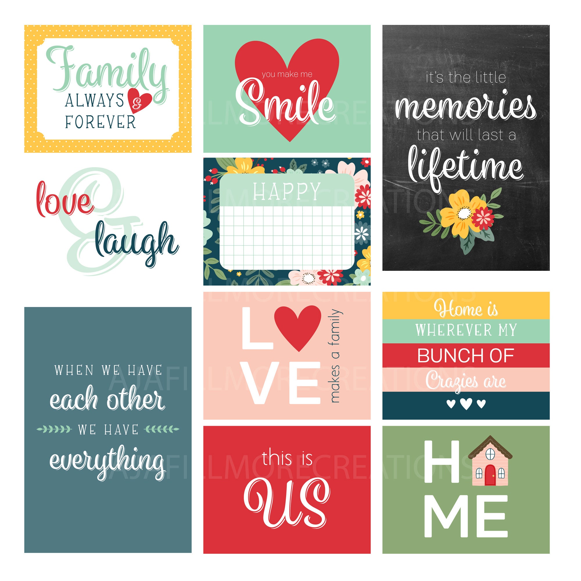 Digital Family Journaling Cards With Teal, Pink, Yellow, Aqua, and ...