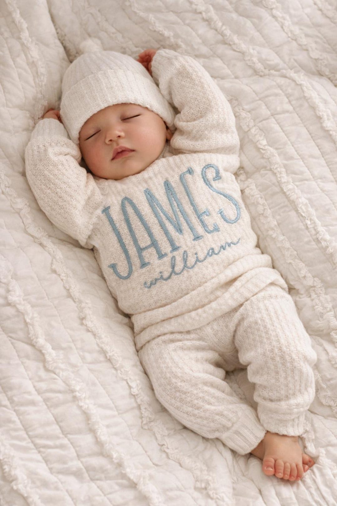 Handmade Embroidered Baby Boy Outfit: Ivory Waffle Knit Sweater Set - Etsy