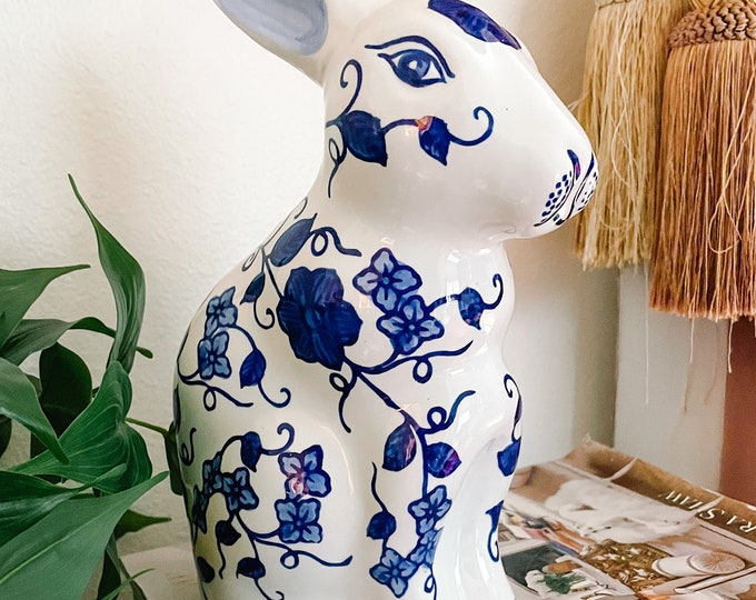 Blue and White Porcelain Bunny Rabbit; Chinoiserie Blue Floral Rabbit ...