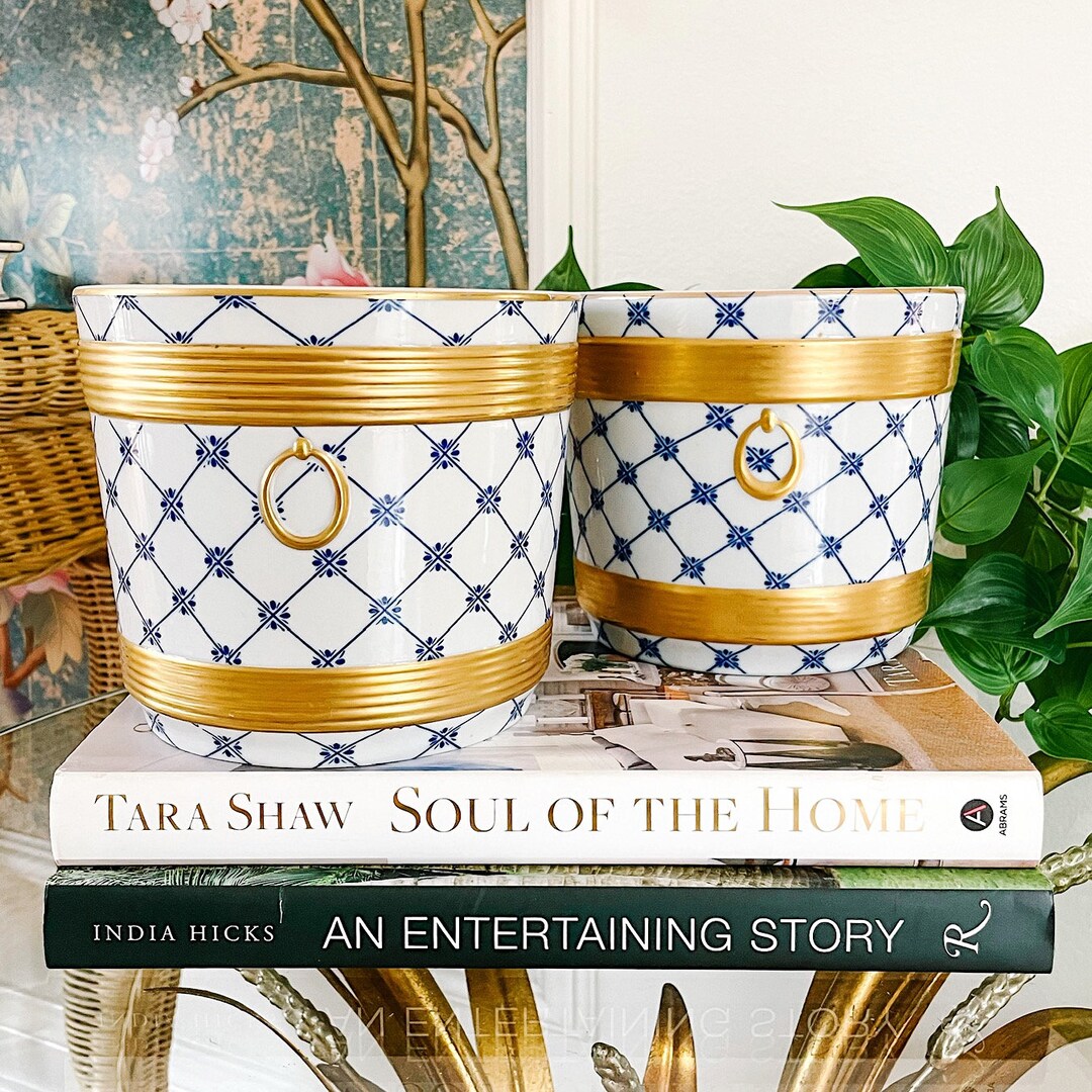 Mangani Blue & White 24 K Gold Cachepots, Neoclassical Planter Pots ...