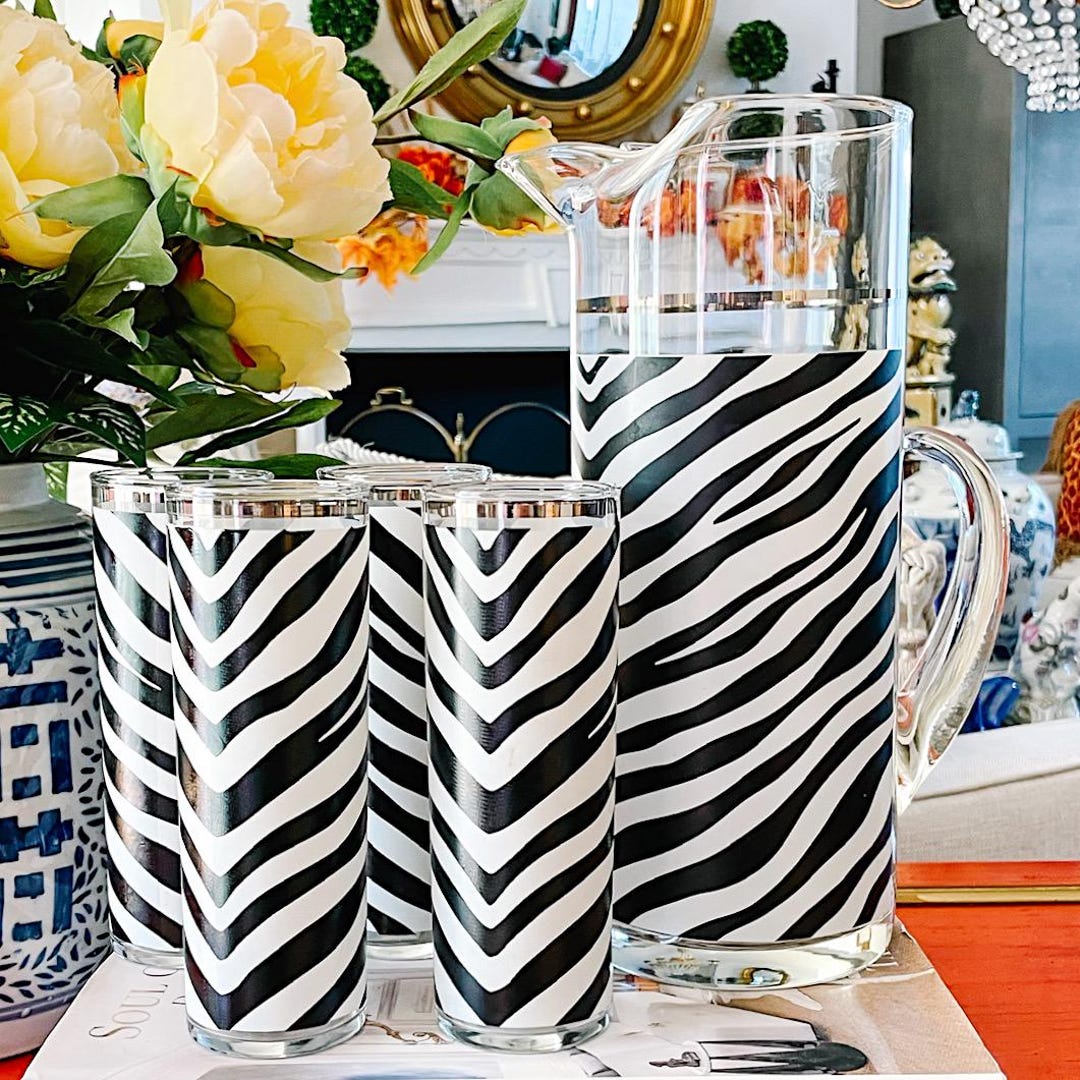 Vintage Zebra Print Pitcher & Highball Glasses Set of 5, Zebra ...