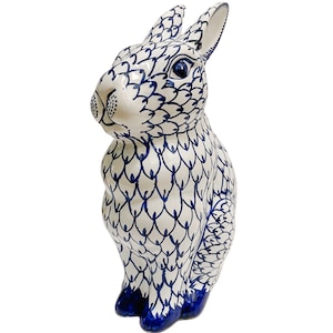X-large Blue and White Porcelain Bunny Rabbit Figurine: Fishnet Ceramic ...