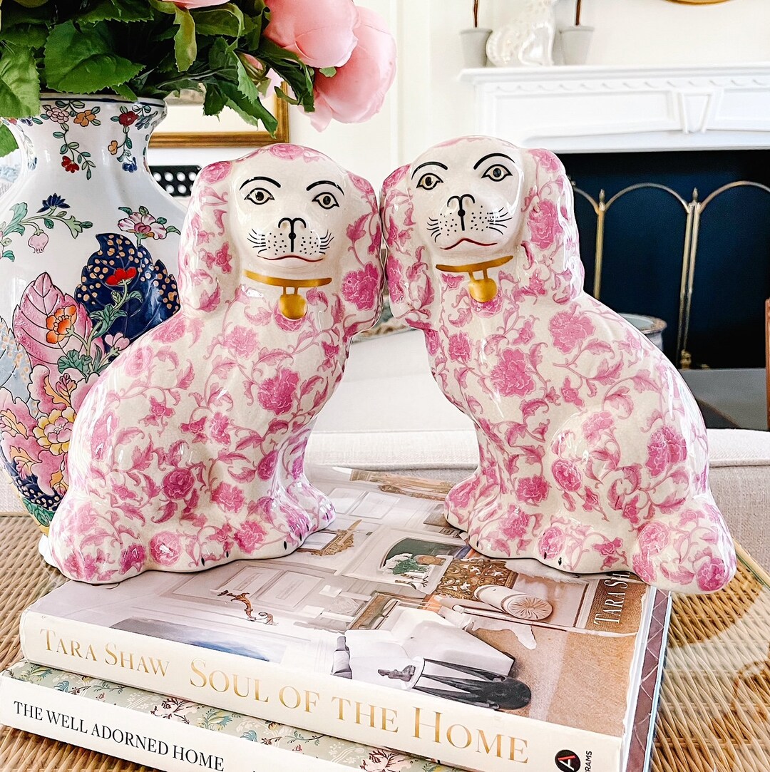 9" Pink Floral Staffordshire Style Spaniel Dogs, Pair of Pink Mantle ...