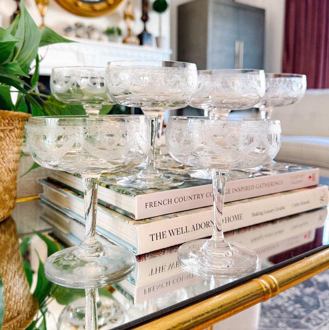 French Antique Laurel & Swag Crystal Guilloché Champagne Coupes, Set of ...