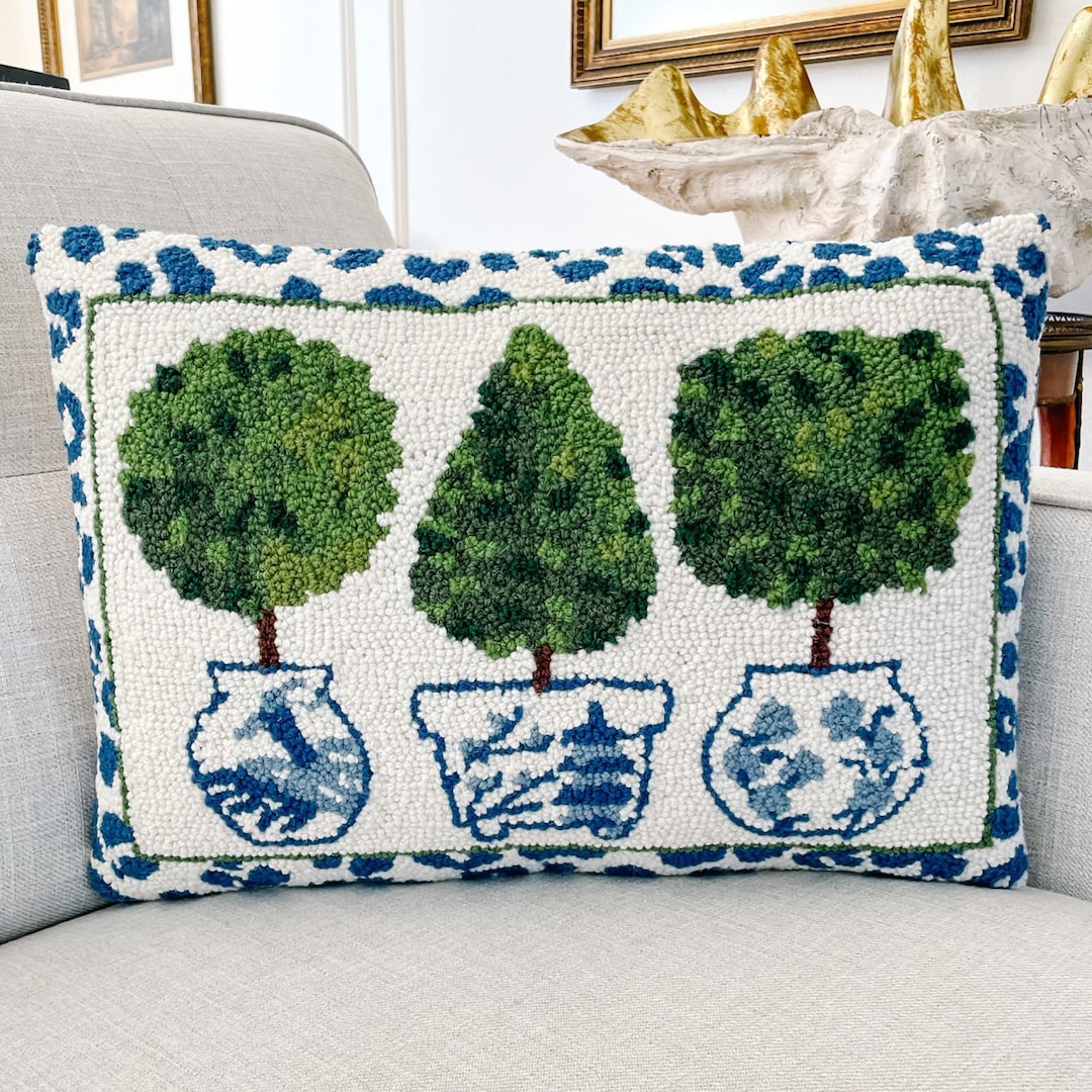 Blue & White Topiary Wool Hooked Pillow Boho Throw Pillow - Etsy