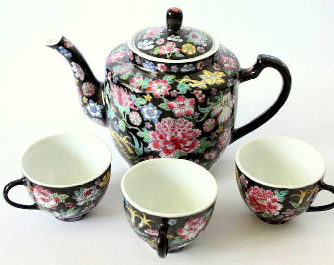 Vintage Chinese Millefleur Famille Noire Enamel Tea Set teapot With ...