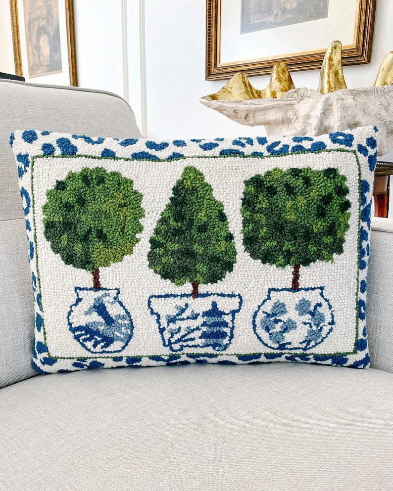 Blue & White Topiary Wool Hooked Pillow Boho Throw Pillow - Etsy