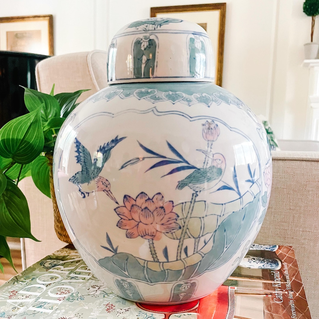 Pink & Green Chinoiserie Ginger Jar, Pink Lotus and Mandarin Ducks ...