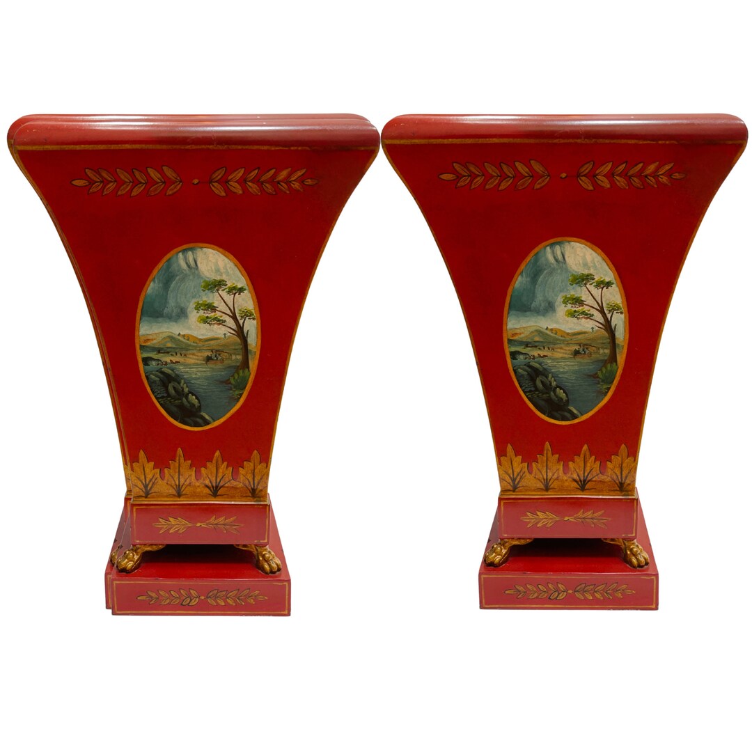 Maitland-smith Red Tole Cachepot Urns Pair; French Directoire Style ...