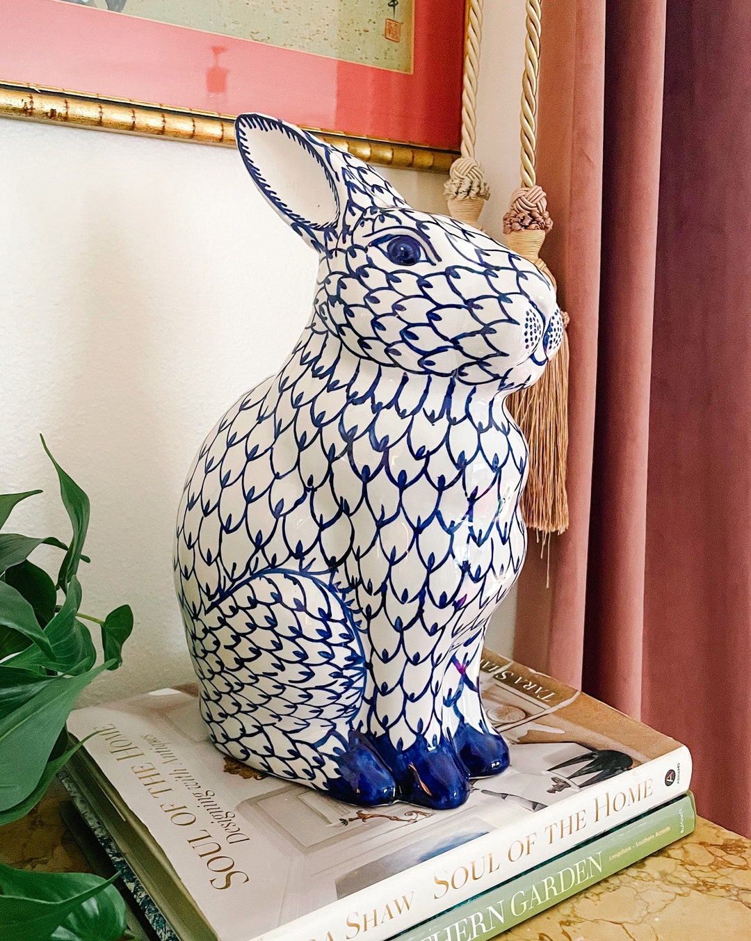 X-large Blue and White Porcelain Bunny Rabbit Ceramic Fishnet Rabbit ...