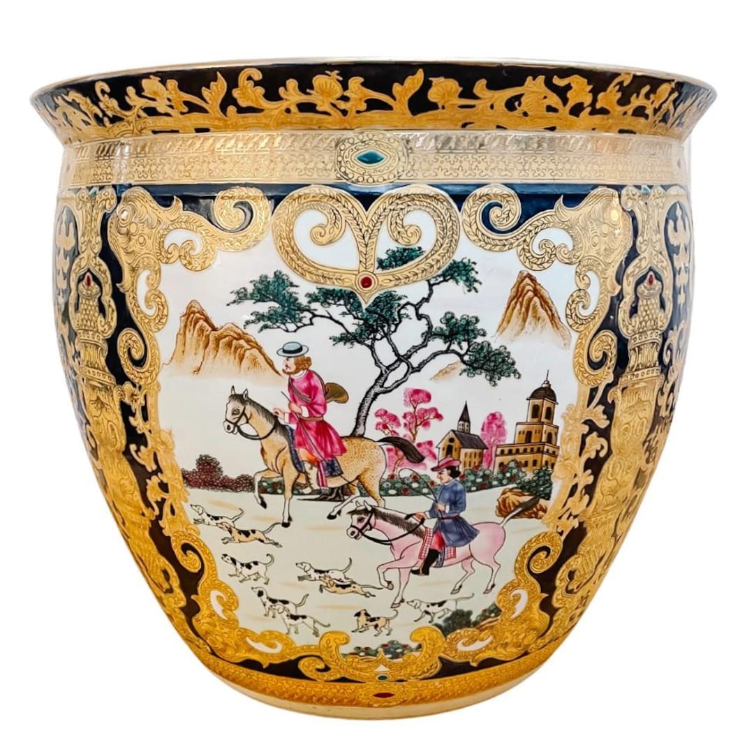Large Chinese Fish Bowl Planter With European Hunting Scenes, Chinese ...