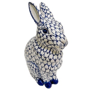 X-large Blue and White Porcelain Bunny Rabbit Figurine: Fishnet Ceramic ...