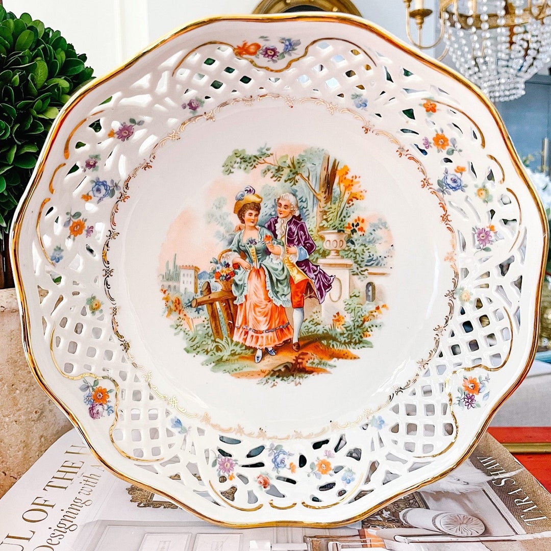 1940s German Reticulated Bowl, Bavarian Fragonard Lovers Decorative ...