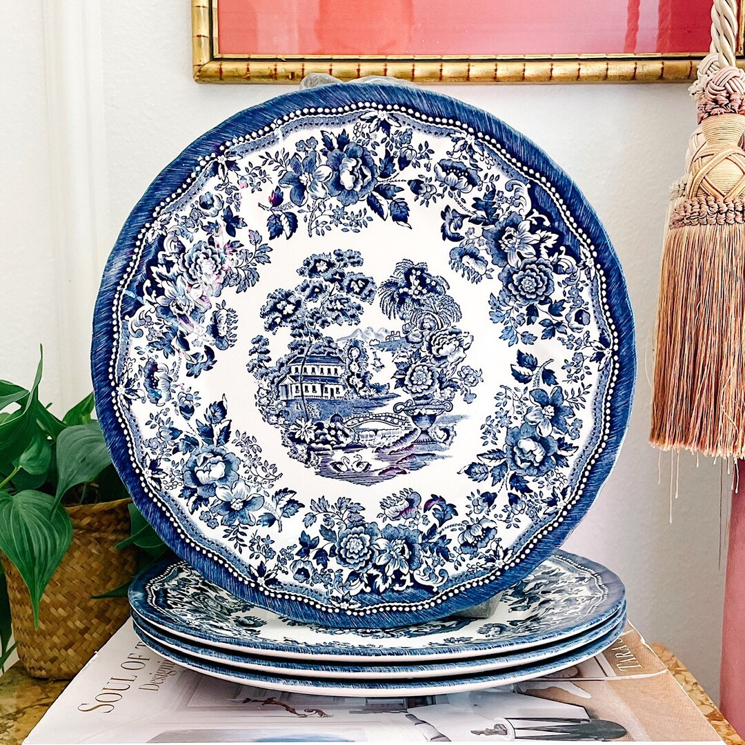 English Blue Transferware Dinner Plates Set of 4, English Dinnerware ...