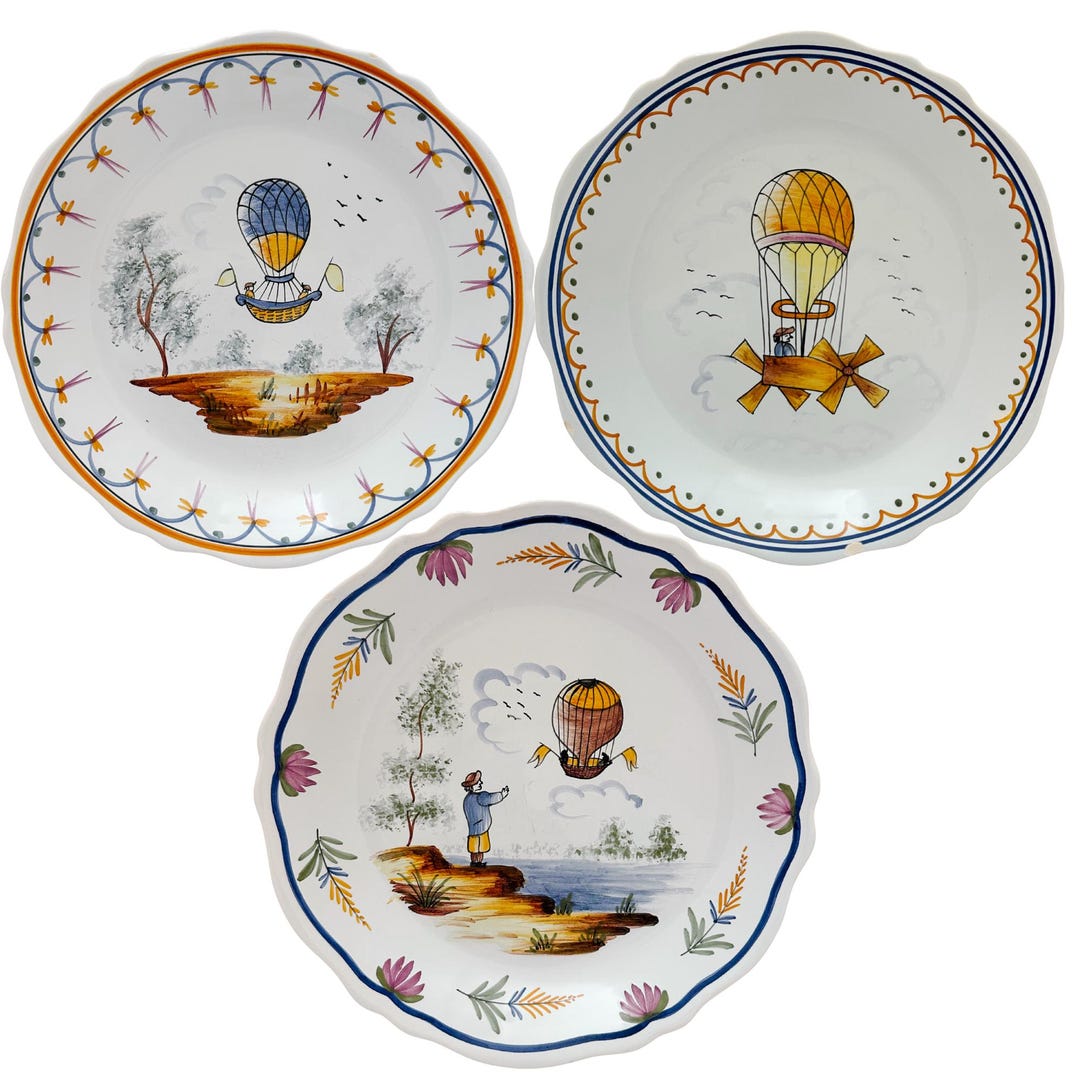 French Faience Hot Air Balloon Plates Set of 3, Voyage Dans Les Airs ...