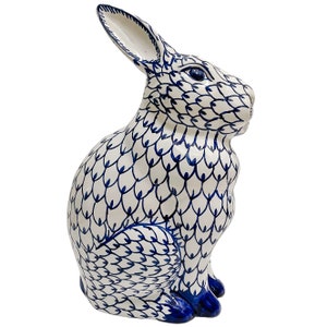 X-large Blue and White Porcelain Bunny Rabbit Figurine: Fishnet Ceramic ...