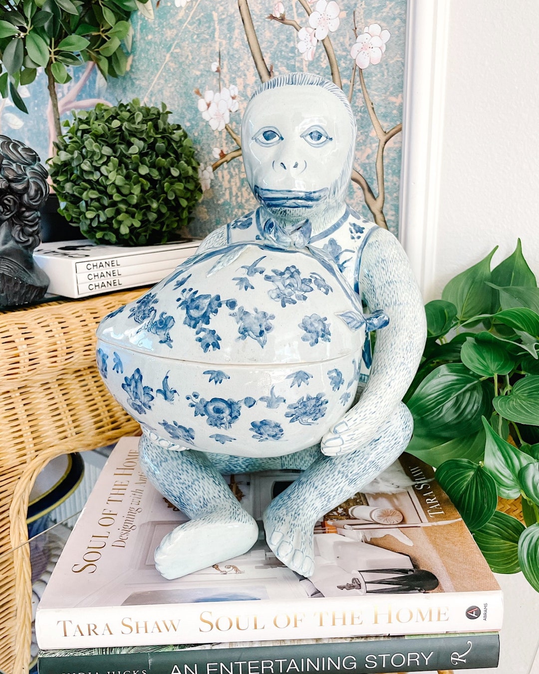 XL Blue & White Chinoiserie Monkey Holding Peach Box, Monkey Dish ...