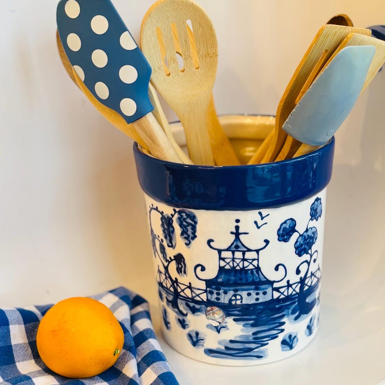 Hand Painted Chinoiserie Utensil Holder Blue and White - Etsy